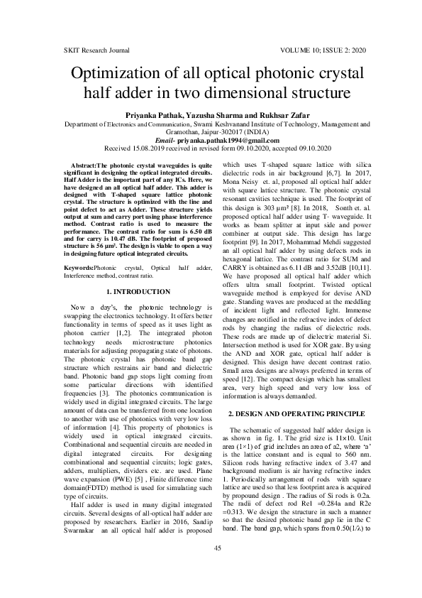 (PDF) Optimization of all optical photonic crystal half adder in two dimensional structure