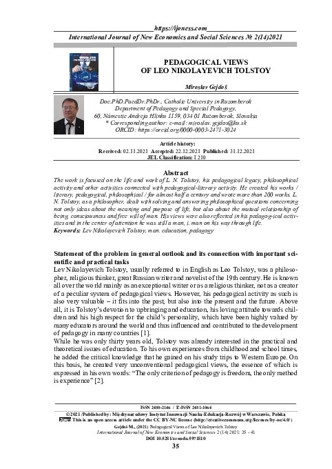(PDF) Pedagogical Views of Leo Nikolayevich Tolstoy