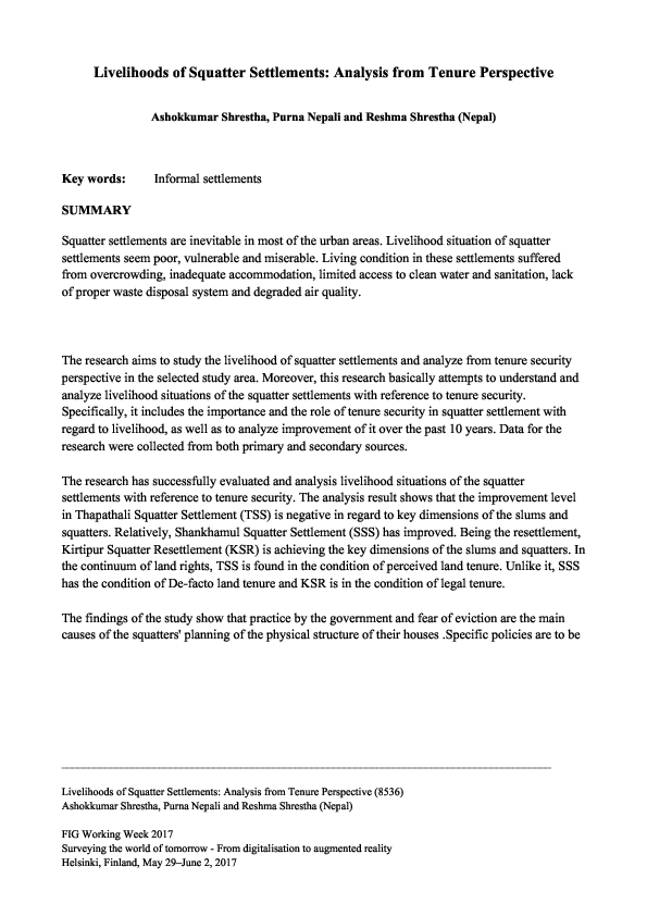 (PDF) Livelihoods of squatter settlements: analysis from tenure perspective