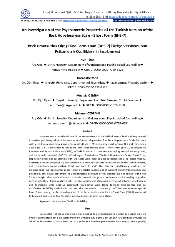 (PDF) An Investigation of the Psychometric Properties of the Turkish ...