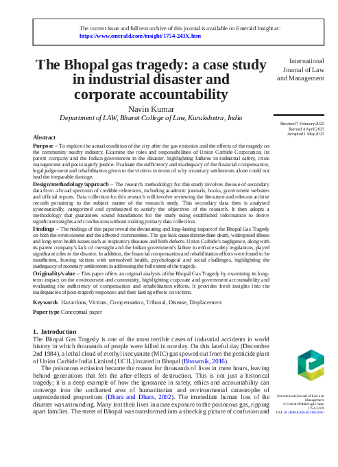 (PDF) The Bhopal gas tragedy: a case study in industrial disaster and ...
