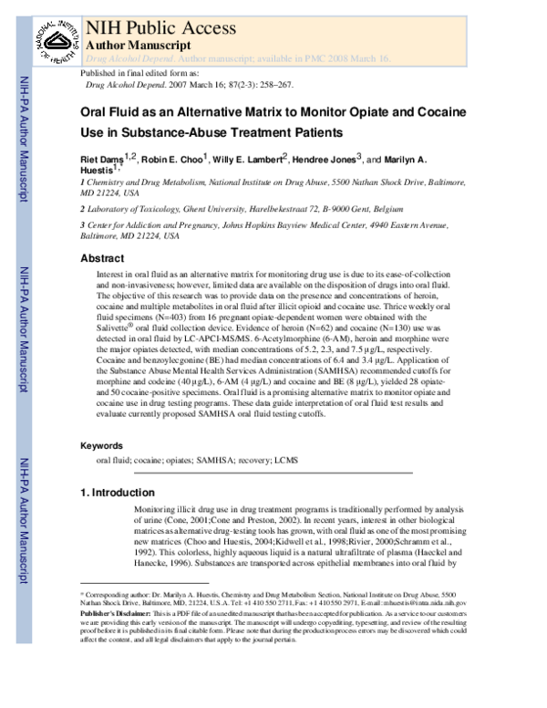 (PDF) Oral fluid as an alternative matrix to monitor opiate and cocaine ...