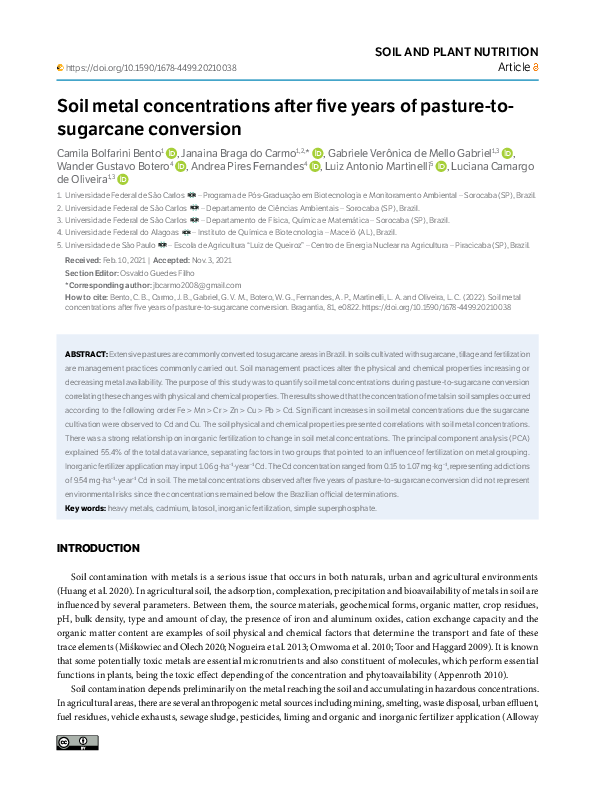 (PDF) Soil metal concentrations after five years of pasture-tosugarcane ...