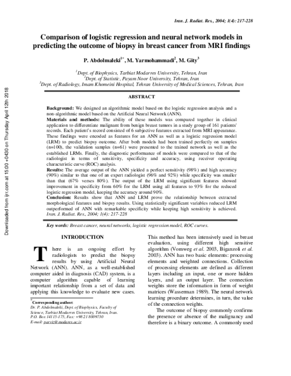 (PDF) Comparison of logistic regression and neural network analysis applied to predicting living ...