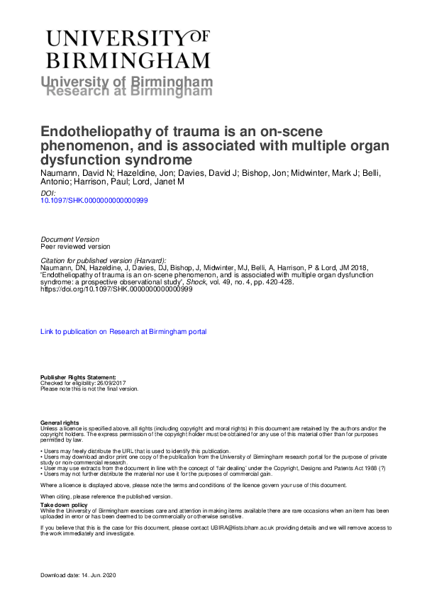 (PDF) Endotheliopathy of Trauma is an on-Scene Phenomenon, and is ...