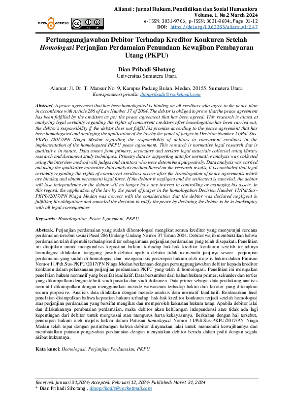 (PDF) Pertanggungjawaban Debitor Terhadap Kreditor Konkuren Setelah ...