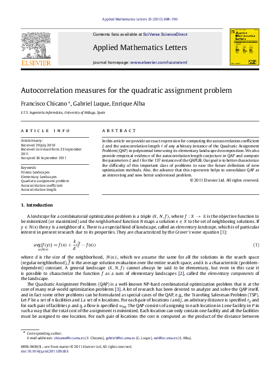 (PDF) Autocorrelation measures for the quadratic assignment problem