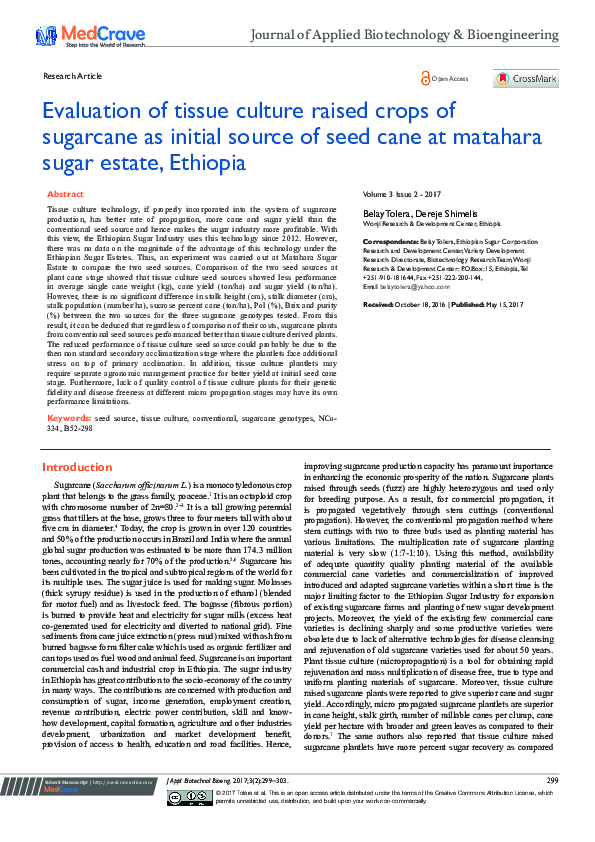 (PDF) Evaluation of Tissue Culture Raised Crops of Sugarcane as Initial ...