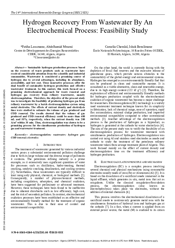 (PDF) Hydrogen Recovery From Wastewater By An Electrochemical Process ...