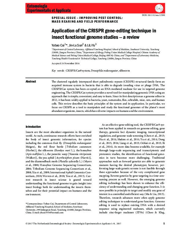 (PDF) Application of the CRISPR gene-editing technique in insect ...