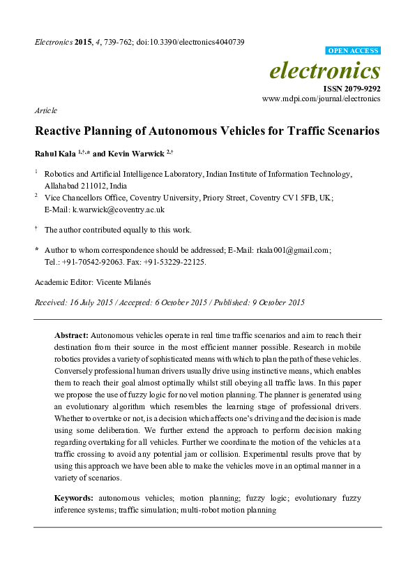 (PDF) Reactive Planning of Autonomous Vehicles for Traffic Scenarios