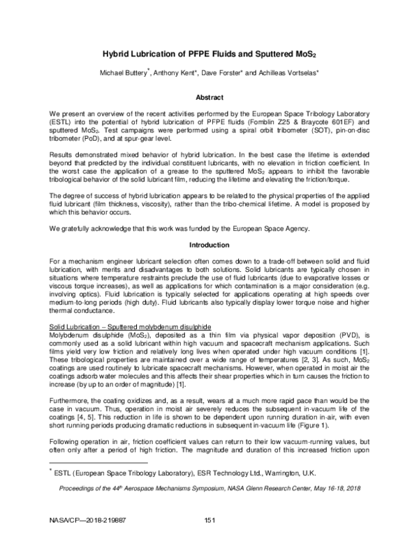 (PDF) Hybrid lubrication of PFPE Fluids and Sputtered MoS2