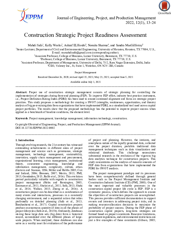 (PDF) Construction Strategic Project Readiness Assessment