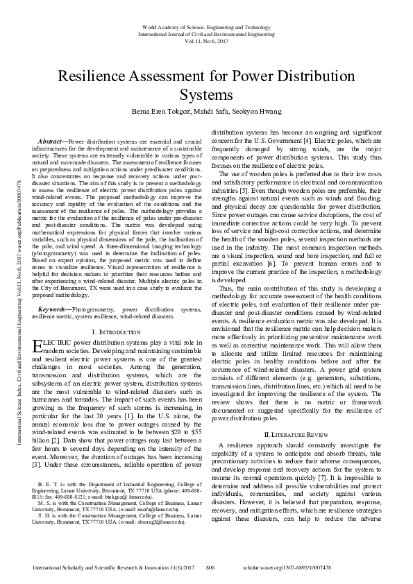 (PDF) Resilience Assessment For Power Distribution Systems