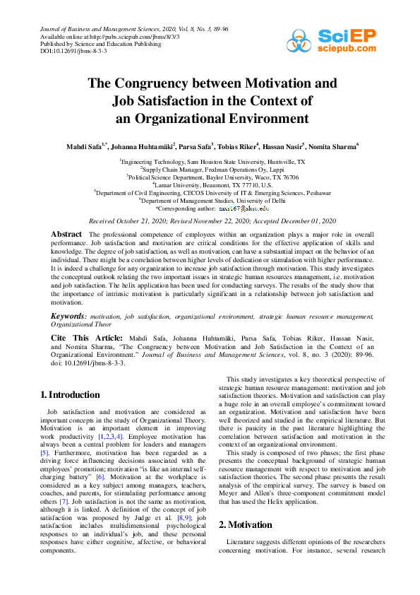 (PDF) The Congruency between Motivation and Job Satisfaction in the ...