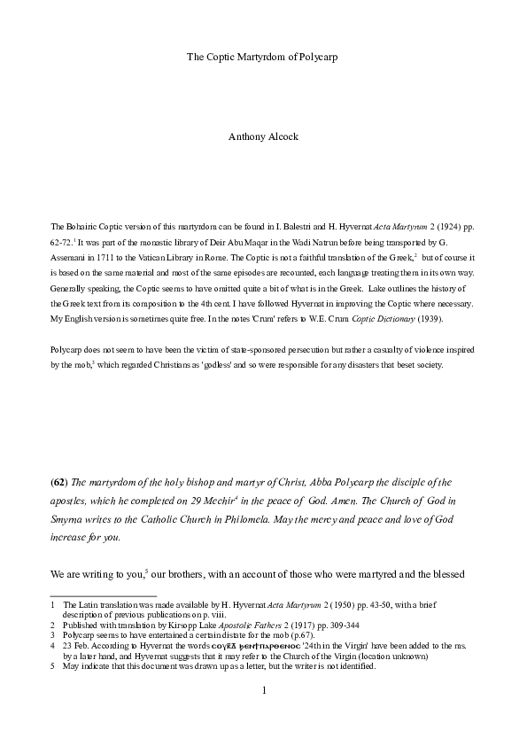 (PDF) The Coptic Martyrdom of Polycarp