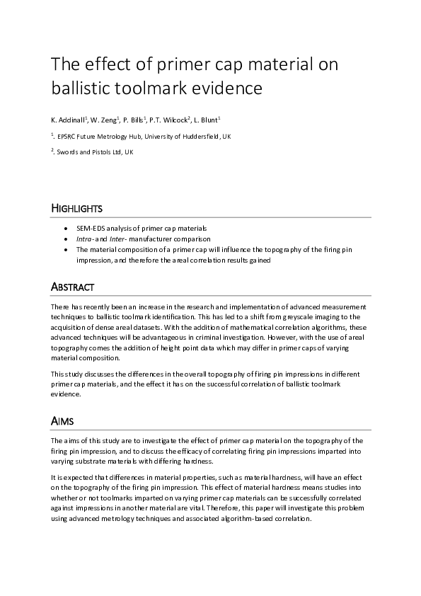(PDF) The effect of primer cap material on ballistic toolmark evidence