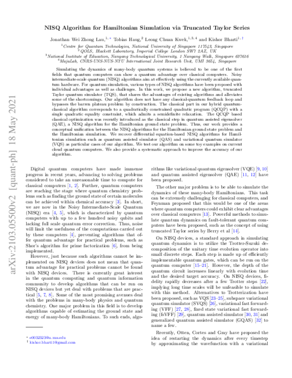 (PDF) NISQ Algorithm for Hamiltonian Simulation via Truncated Taylor Series
