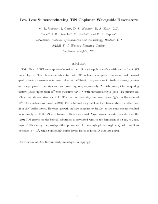 (PDF) Low Loss Superconducting TiN Coplanar Waveguide Resonators