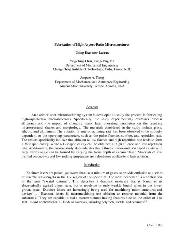 (PDF) Fabrication of high-aspect-ratio microstructures using excimer laser