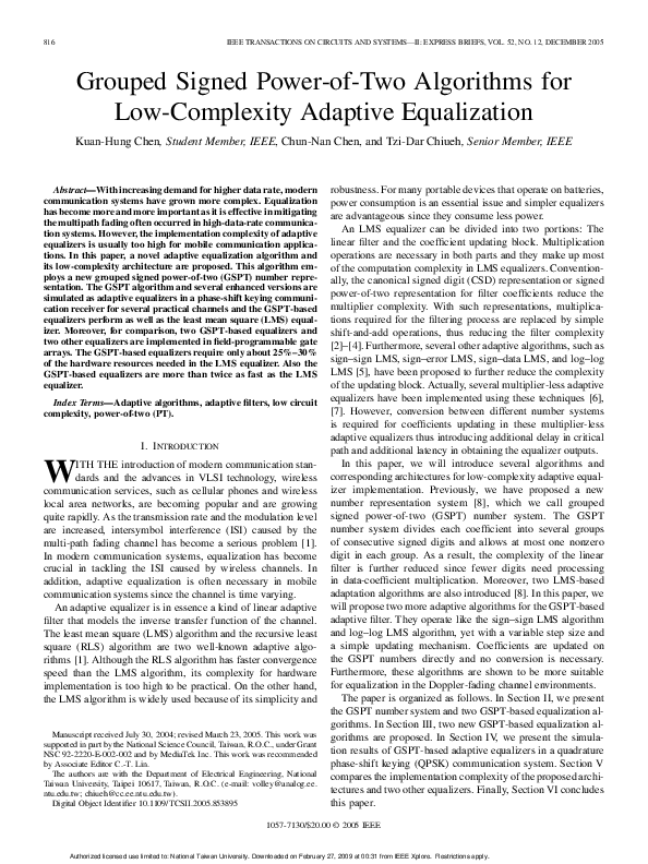 (PDF) Grouped signed power-of-two algorithms for low-complexity adaptive equalization