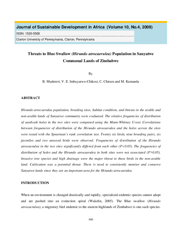 (PDF) Threats to Blue Swallow (Hirundo atrocaerulea) Population in ...
