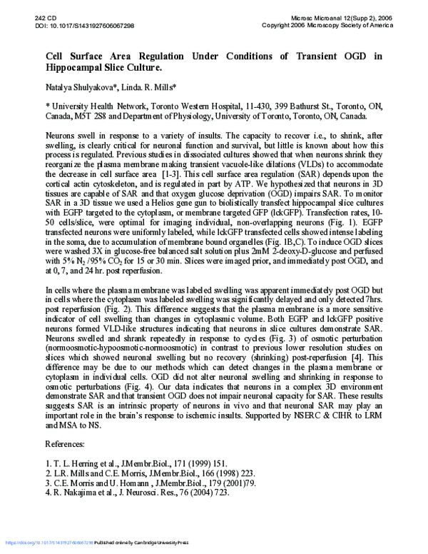 (PDF) Cell Surface Area Regulation Under Conditions of Transient OGD in Hippocampal Slice Culture