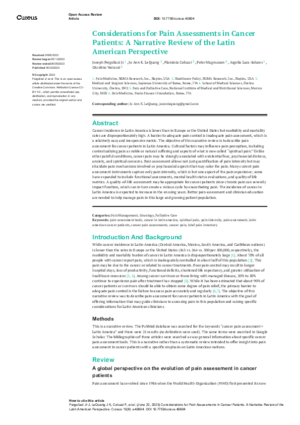 (PDF) Considerations for Pain Assessments in Cancer Patients: A ...