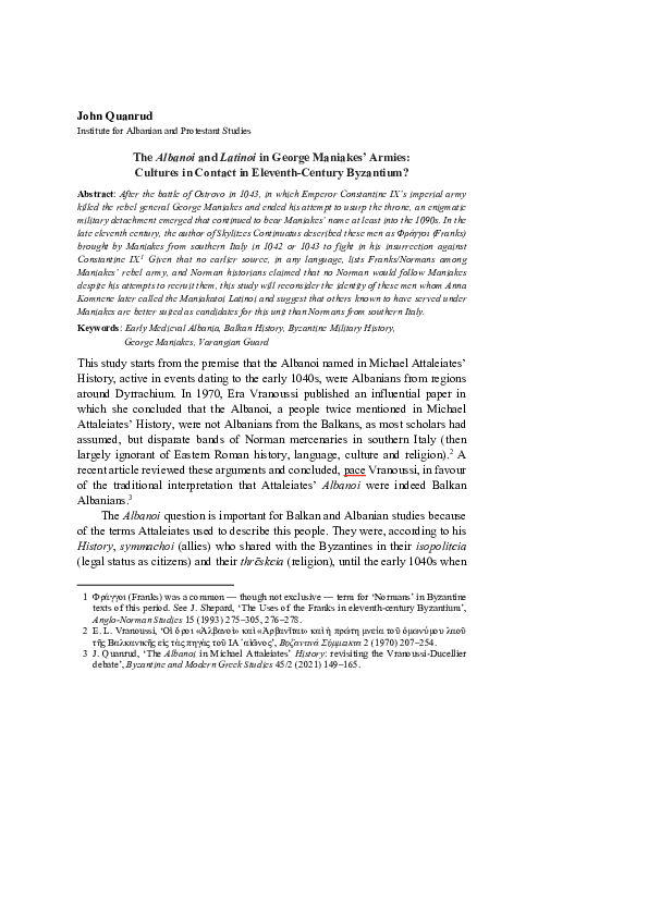 (PDF) The Albanoi and Latinoi in George Maniakes' Armies: Cultures in ...