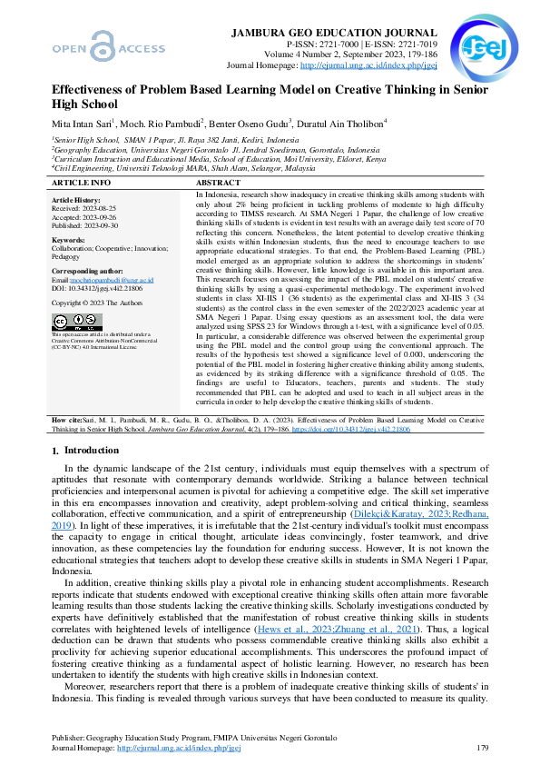 (PDF) Effectiveness of Problem Based Learning Model on Creative ...