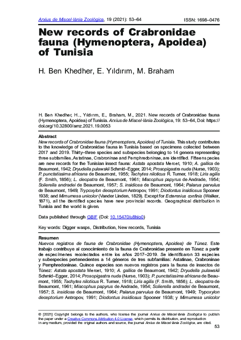 (PDF) New records of Crabronidae fauna (Hymenoptera, Apoidea) of Tunisia