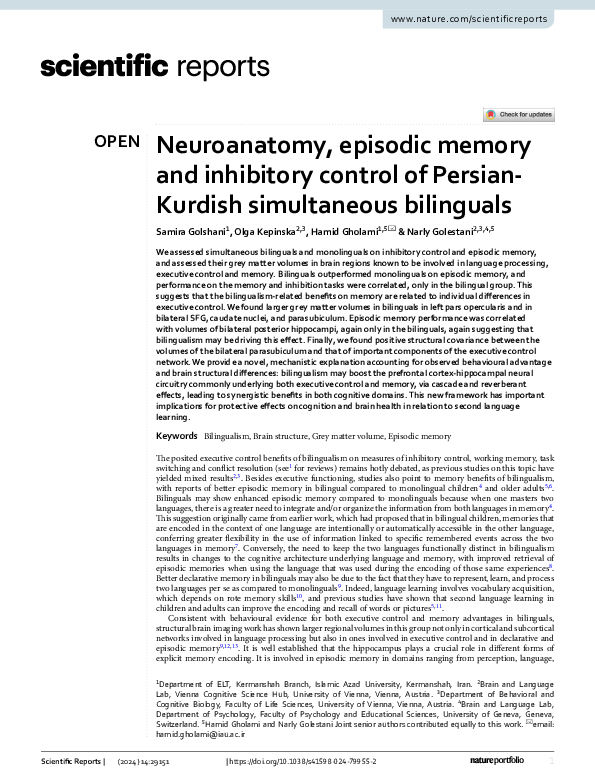 (PDF) Neuroanatomy, episodic memory and inhibitory control of Persian ...