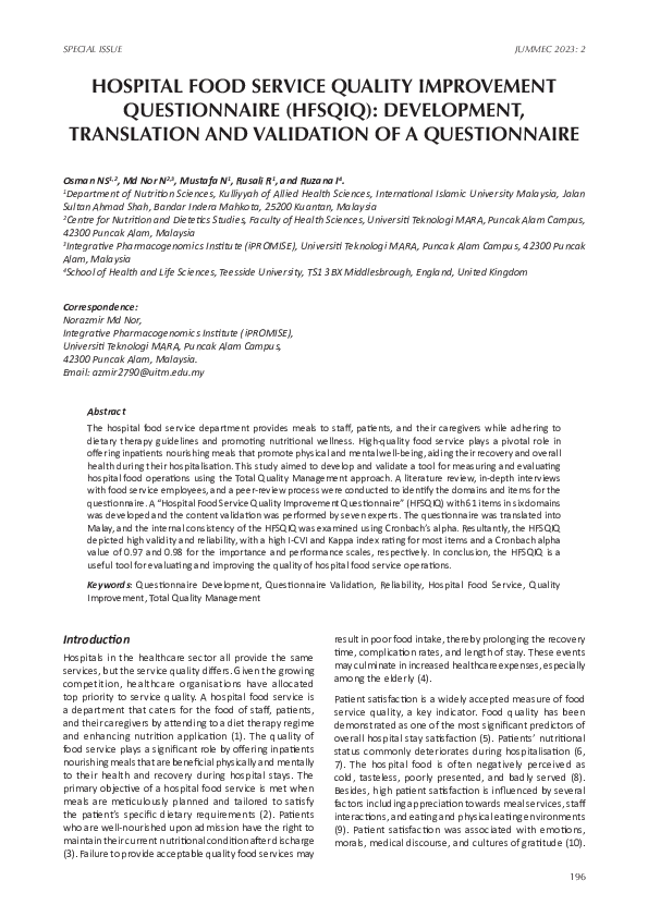 (PDF) Hospital Food Service Quality Improvement Questionnaire (Hfsqiq ...