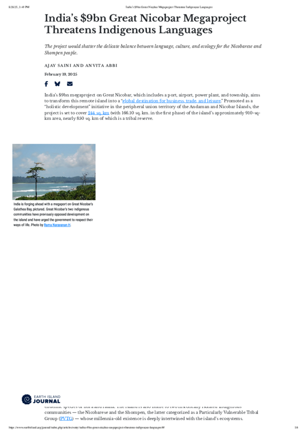 (PDF) India's $9bn Great Nicobar Megaproject Threatens Indigenous ...