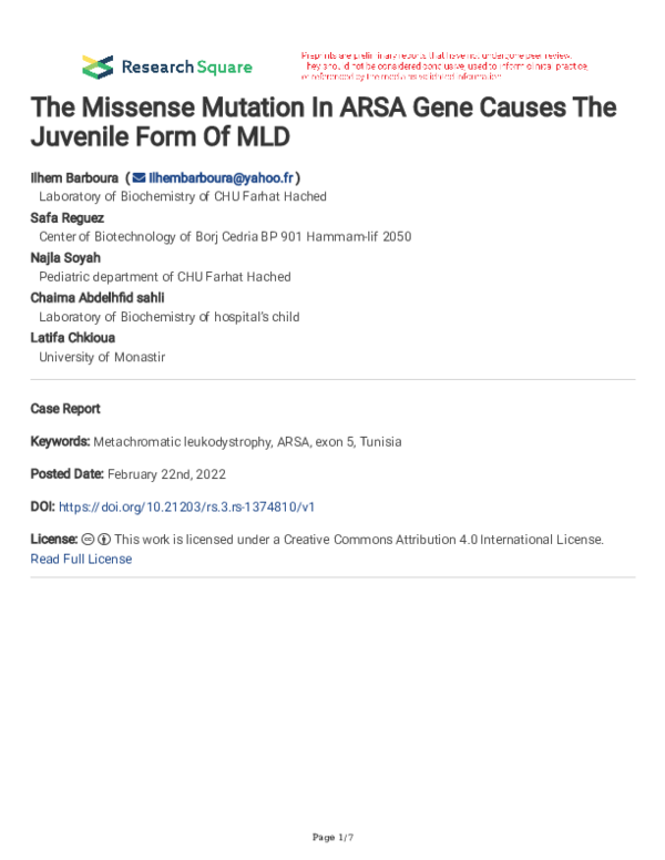 (PDF) The Missense Mutation In ARSA Gene Causes The Juvenile Form Of MLD