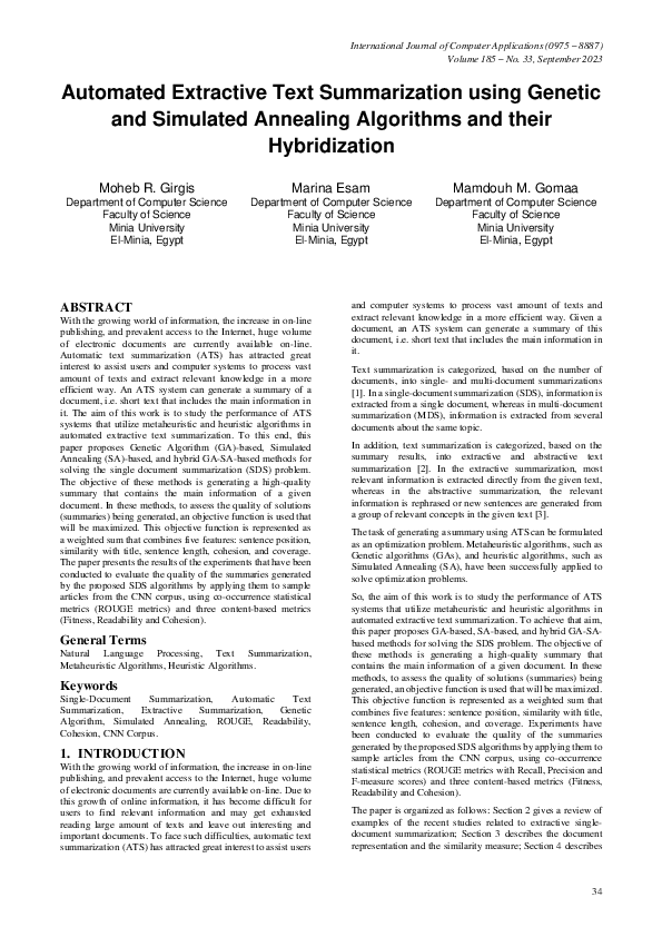 (PDF) Automated Extractive Text Summarization using Genetic and Simulated Annealing Algorithms ...