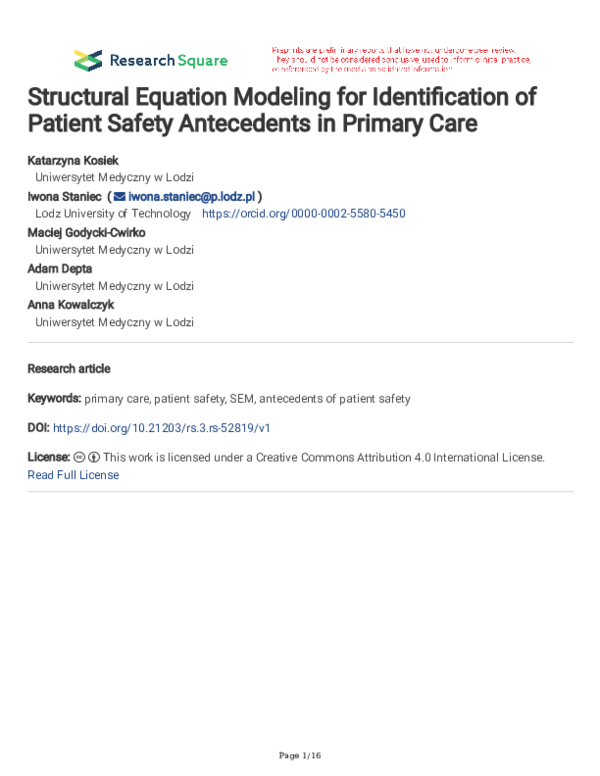 (PDF) Structural Equation Modeling for Identification of Patient Safety ...
