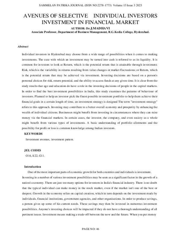 (PDF) AVENUES OF SELECTIVE INDIVIDUAL INVESTORS INVESTMENT IN FINANCIAL ...