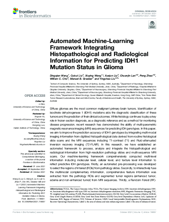 (PDF) Automated Machine-Learning Framework Integrating Histopathological and Radiological ...