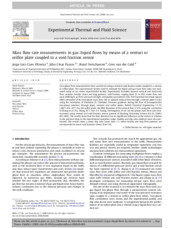 (PDF) Mass flow rate measurements in gas–liquid flows by means of a ...
