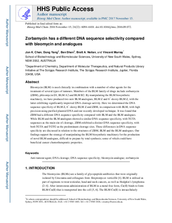 (PDF) Zorbamycin has a different DNA sequence selectivity compared with ...
