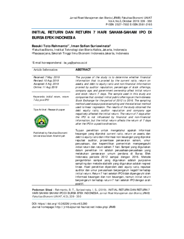 (PDF) Initial Return Dan Return 7 Hari Saham-Saham Ipo DI Bursa Efek ...