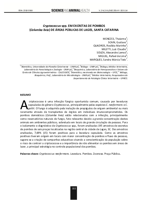 (PDF) Cryptococcus spp. EM EXCRETAS DE POMBOS (Columba livia) DE ÁREAS ...