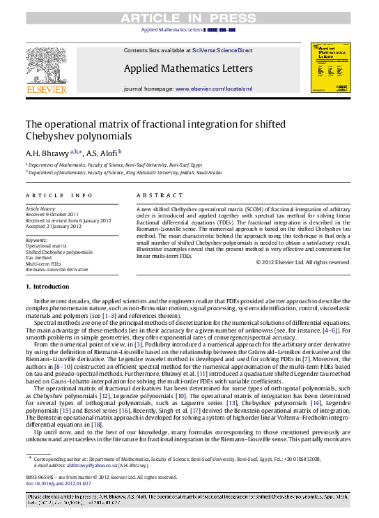 Pdf The Operational Matrix Of Fractional Integration For Shifted Chebyshev Polynomials