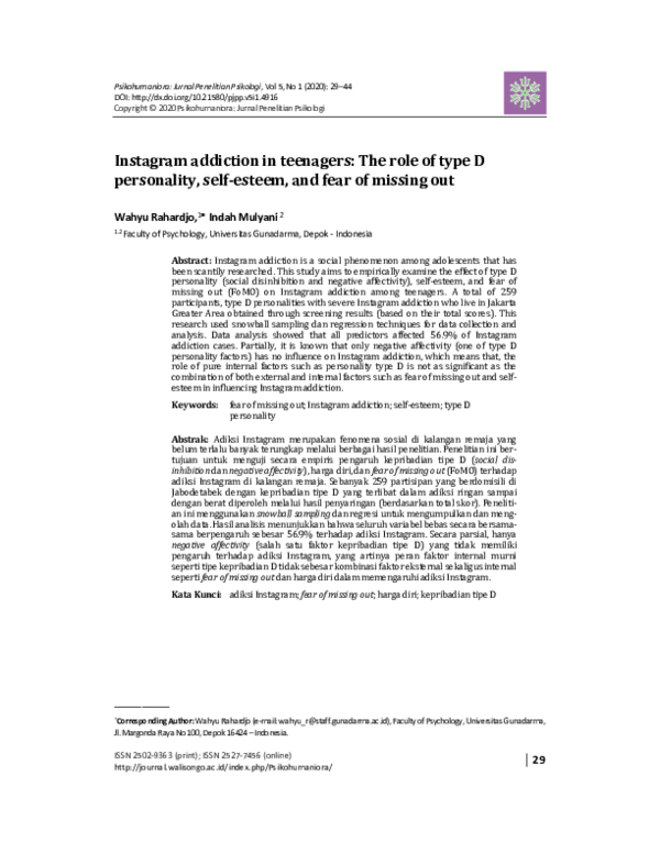 (PDF) Instagram addiction in teenagers: The role of type D personality ...
