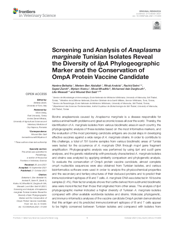(PDF) Screening and Analysis of Anaplasma marginale Tunisian Isolates ...
