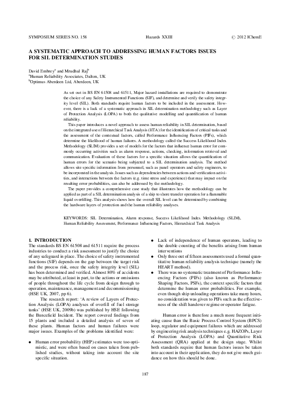 (PDF) A systematic approach to addressing human factors issues for SIL determination studies