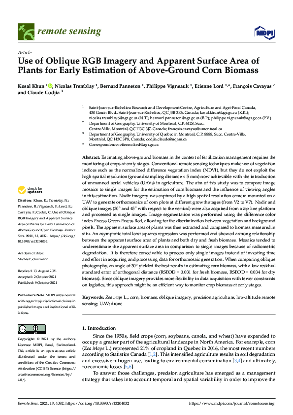 (PDF) Use of Oblique RGB Imagery and Apparent Surface Area of Plants ...