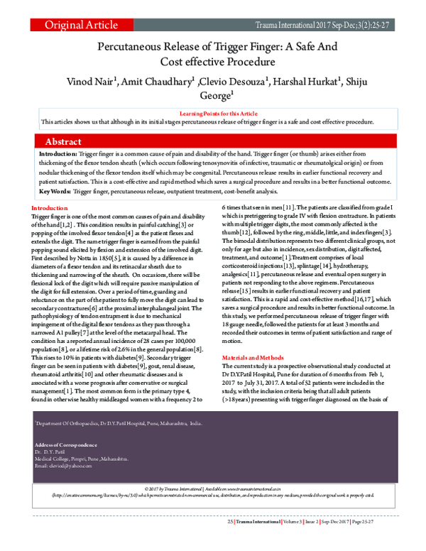 (PDF) Percutaneous Release of Trigger Finger: A Safe And Cost Effective ...