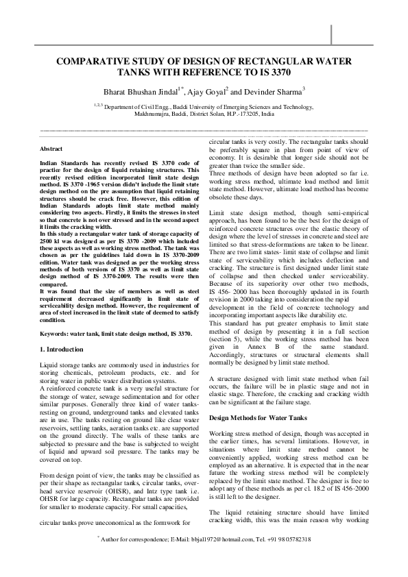 (PDF) COMPARATIVE STUDY OF DESIGN OF RECTANGULAR WATER TANKS WITH ...